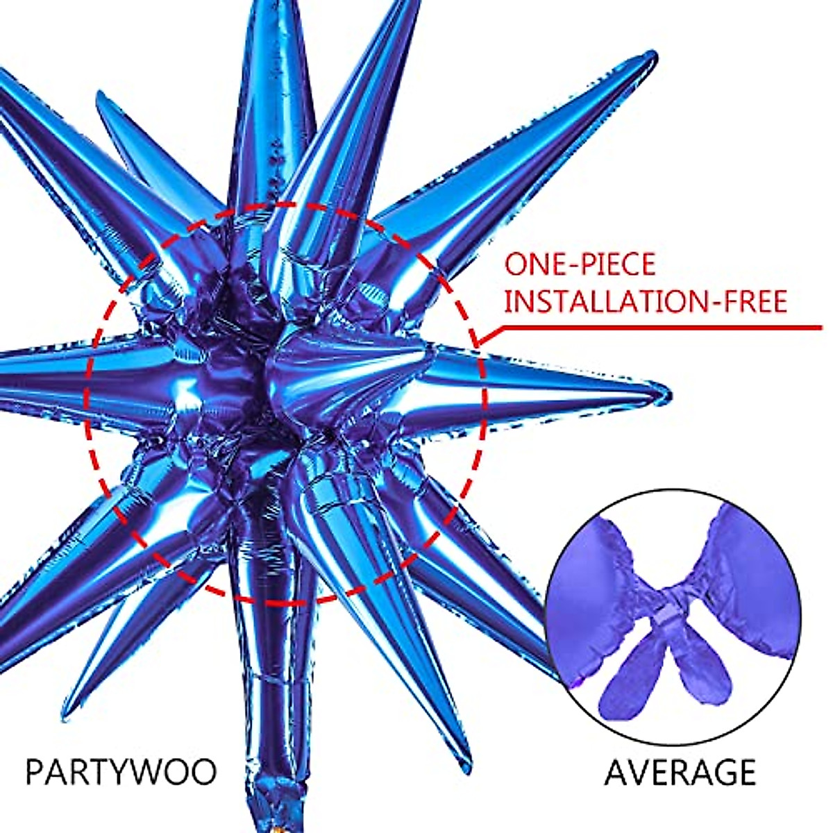 PartyWoo Dark Blue Star Balloons 6 pcs, One-Piece 14-Pointed Starburst Balloons, 27 & 22 inch Star Explosion Balloons with Ribbon, Point Star Foil Balloons, Large Mylar Balloons for Party Decorations