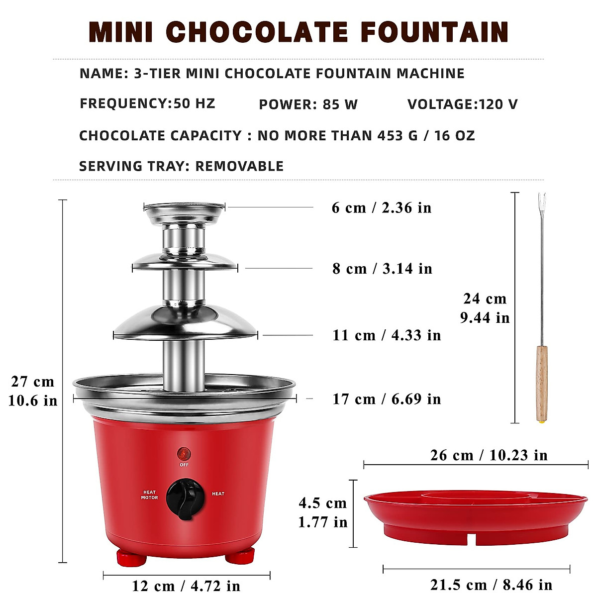 16-Ounce Chocolate Fondue Fountain, 3-Tier MINI Chocolate Fountain, Electric Melting Machine with 6PCS Fondue Fork and Removal Fruits/Nuts/Treats Serving Tray for BBQ Sauce,Ranch,Nacho Cheese,Liqueurs