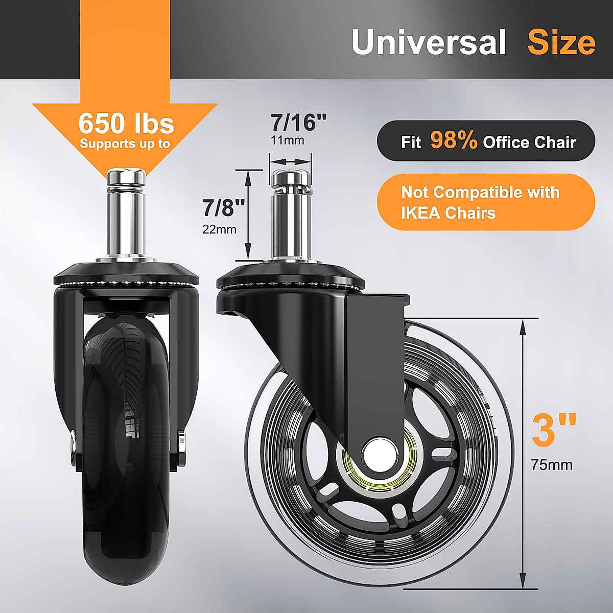 Soontrans Office Chair Wheels Replacement Rubber Chair Casters for Wood Floor Carpet Tile, Set of 5, Heavy Duty Computer Desk Chair Caster Wheels, NOT Compatible for IKEA, Universal Fit