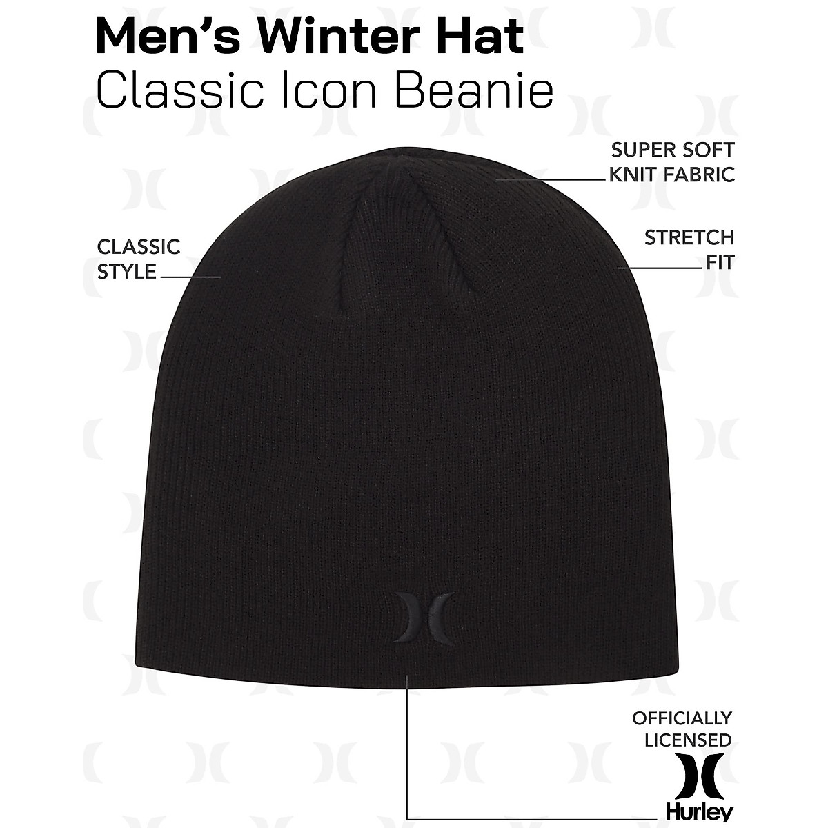 Hurley Men's Icon Staples Beanie - Lightweight Classic Loose Knitted Hat for Men, Black/Black