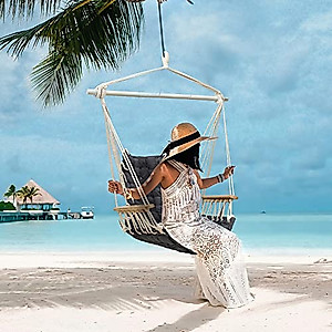 ROOITY Hammock Chair Hanging Swing with Wooden Armrests;Steel Spreader Bar and Anti-Slip Rings;Cotton Woven Fabric;Up to 300 Lbs for Bedroom,Patio,Porch,Deck-Indoor Outdoor Grey