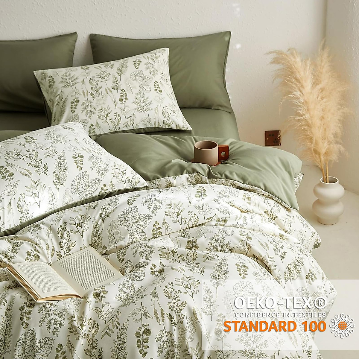 Bildenly Floral Duvet Cover Set King Size Reversible Olive Green Botanical Flower Bedding Set 3 Pieces Vintage Flower Aesthetic Soft Lightweight Comforter Cover Set for Women Girls with 2 Pillowcases