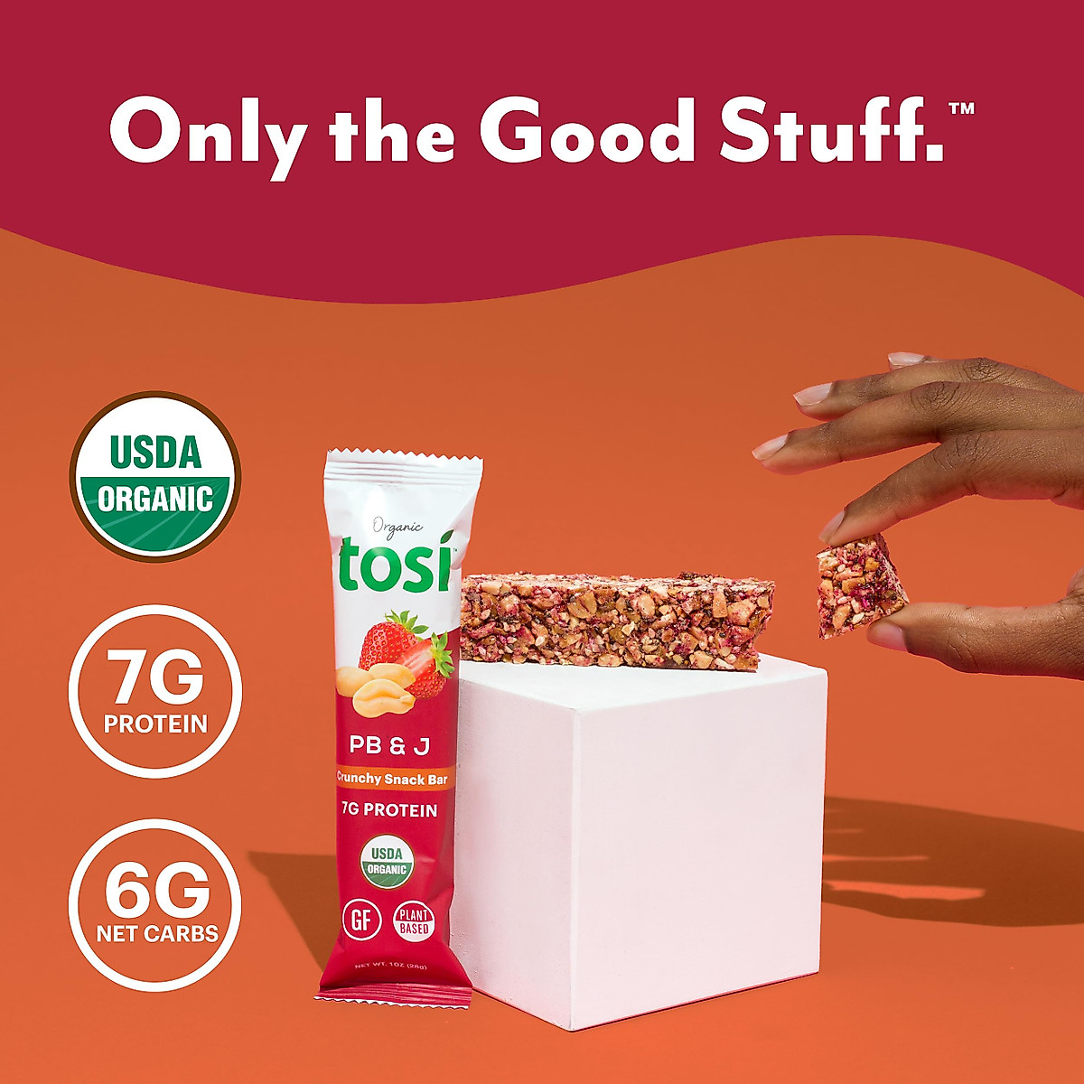 Tosi Peanut Butter & Jelly Protein Bars, Plant Based with Nuts, Gluten-Free Crunchy Snacks, Vegan, Organic, Flax & Chia Seeds, Soy-Free, Omega 3s, 7G Protein, 1 oz, 12-Pack