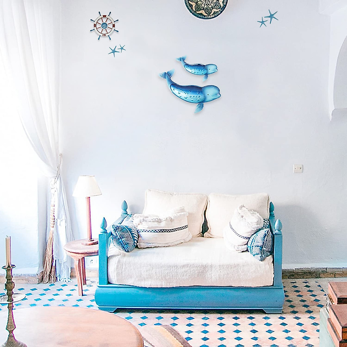 LIFFY Metal Dolphin Wall Decor 15inch Coastal Sculpture Art Hanging for Indoor Bathroom Outdoor Beach Garden Pool,Set of 2