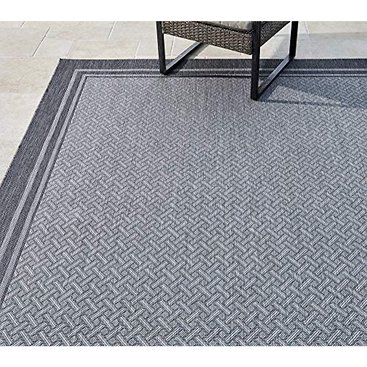 Gertmenian Indoor Outdoor Area Rug, Classic Flatweave, Washable, Stain & UV Resistant Carpet, Deck, Patio, Poolside & Mudroom, 9x13 Ft Extra Large, Simple Border, Silver Gray, 21978