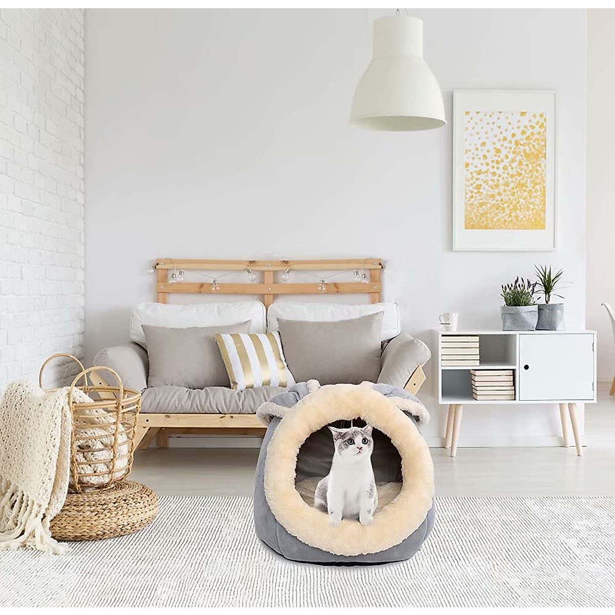 Beds for Indoor Cats - Small Dog Bed with Anti-Slip Bottom, Rabbit-Shaped Cat/Dog Cave with Hanging Toy, Puppy Bed with Removable Cotton Pad, Super Soft Calming Pet Sofa (Grey Medium)