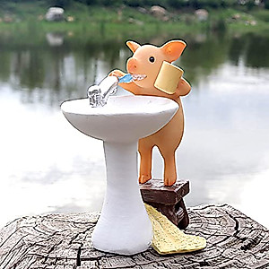 Aclema Pig Decor Figurines Miniature Fairy Garden Kitchen Resin Collections for Terrarium Micro Landscape Pig Brush Teeth