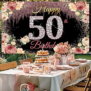 50th Birthday Decorations for Women Men, Happy 50th Birthday Backdrop Banner, Gold Floral 50 Year Old Birthday Party Yard Sign Photo Booth Props Poster Decor Supplies, Fabric, Vicycaty