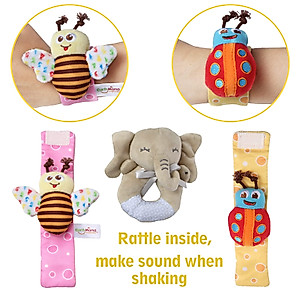 PHREKUDA Sock & Wrist Rattles Toy Set for Babies, Plush Stuffed Rattles for Baby, Rattles for Babies, Newborn Gifts for Boys Girls Infant (5 in 1) (Elephant)