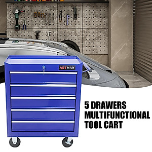 5-Drawer Workshop Tool Chest with Wheels and Lockable Drawers, Heavy Duty 220 LBS Capacity Rolling Tool Cart, Cold Rolled Steel Storage Organizer Tool Box for Warehouse, Garage, Repair Shop - BLUE