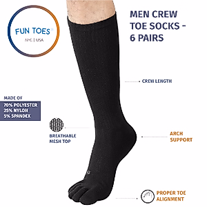 FUN TOES Men Crew Toe Socks Athletic Running Socks - Arch Support - Proper Toe Alignment - Breathable Mesh Top - Soft and Stretchy Value 6 Pairs Pack size 6-12 (Black)