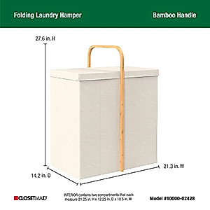 ClosetMaid Laundry Hamper Basket, Foldable with Lid, Two Compartments, Bamboo Handle, Portable, Collapsible Design, Freestanding, Beige