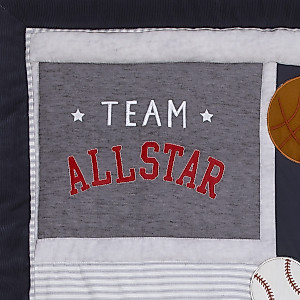 NOJO Team All Star Navy, Grey, and Light Blue, Football, Baseball, Soccer and Basketball, 4 Piece Nursery Crib Bedding Set - Comforter, 100% Cotton Fitted Crib Sheet, Crib Skirt and Storage Tote