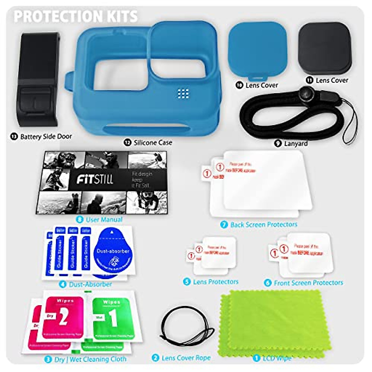 FitStill Blue Silicone Sleeve Case for Go Pro Hero 11 Hero 10 Hero 9 Black, Battery Side Cover&Screen Protectors&Lens Caps&Lanyard for Go Pro Hero 11 /10 / 9 Accessories Kit