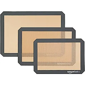 Amazon Basics Silicone, Non-Stick, Food Safe Baking Mat, Pack of 3, Beige/Gray, Rectangular, 16.5" x 11.62"
