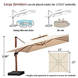 PURPLE LEAF 12 feet x 12 feet Patio Umbrella Outdoor Square Umbrella Large Cantilever Umbrella Windproof Offset Umbrella Heavy Duty Sun Umbrella for Garden Deck Pool Patio, Beige