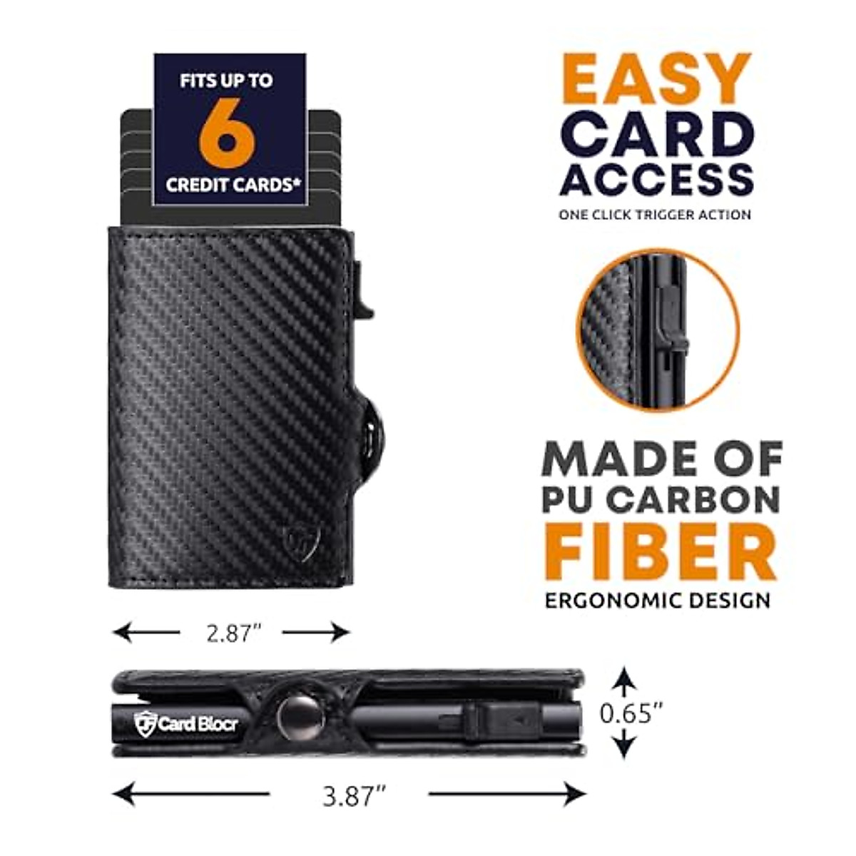 Card Blocr Pop Up Credit Card Wallet, RFID Blocking Credit Card Holder for men, Cool Wallets for Men in Carbon Wallet Design, Compact Card Holder Wallet for Secure Storage (Black PU Carbon Fiber)