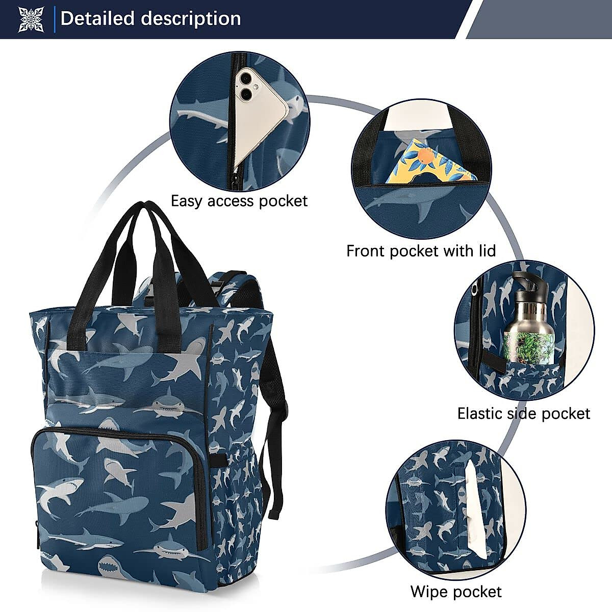 ALAZA Dark Blue Shark Fish Diaper Bag Backpack Multifunction Travel Back Pack Large Capacity Bag