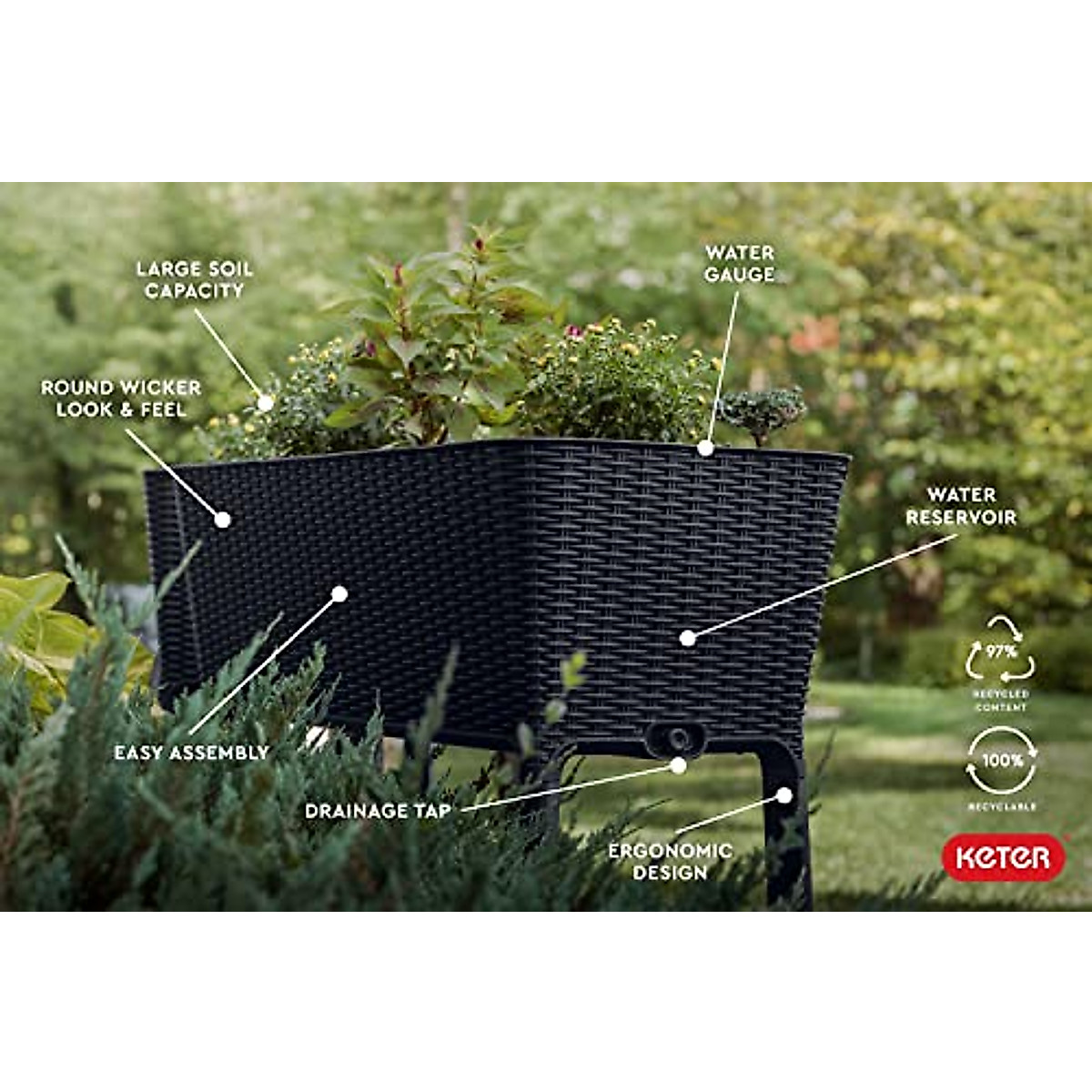 Keter Easy Grow 31.7 Gallon Raised Garden Bed with Self Watering Planter Box and Drainage Plug-Perfect for Growing Fresh Vegetables, Flowers and Herbs