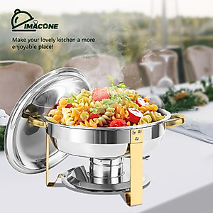 IMACONE Chafing Dish Buffet Set of 4, 5QT Round Stainless Steel Chafer for Catering, Upgraded Chafers and Buffet Warmer Sets w/Food & Water Pan, Lid, Gold Frame, Fuel Holder for Party Wedding Holiday