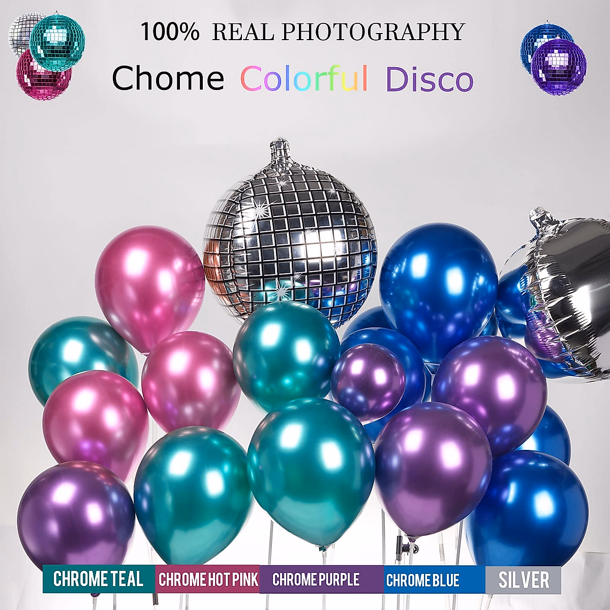 Metallic Balloon garland kit 135Pcs Disco Party decorations with Chrome Blue Red Purple Silver Disco ball balloons for 80s 90s Themed Birthday graduation 2024 new year Party eve Decorations