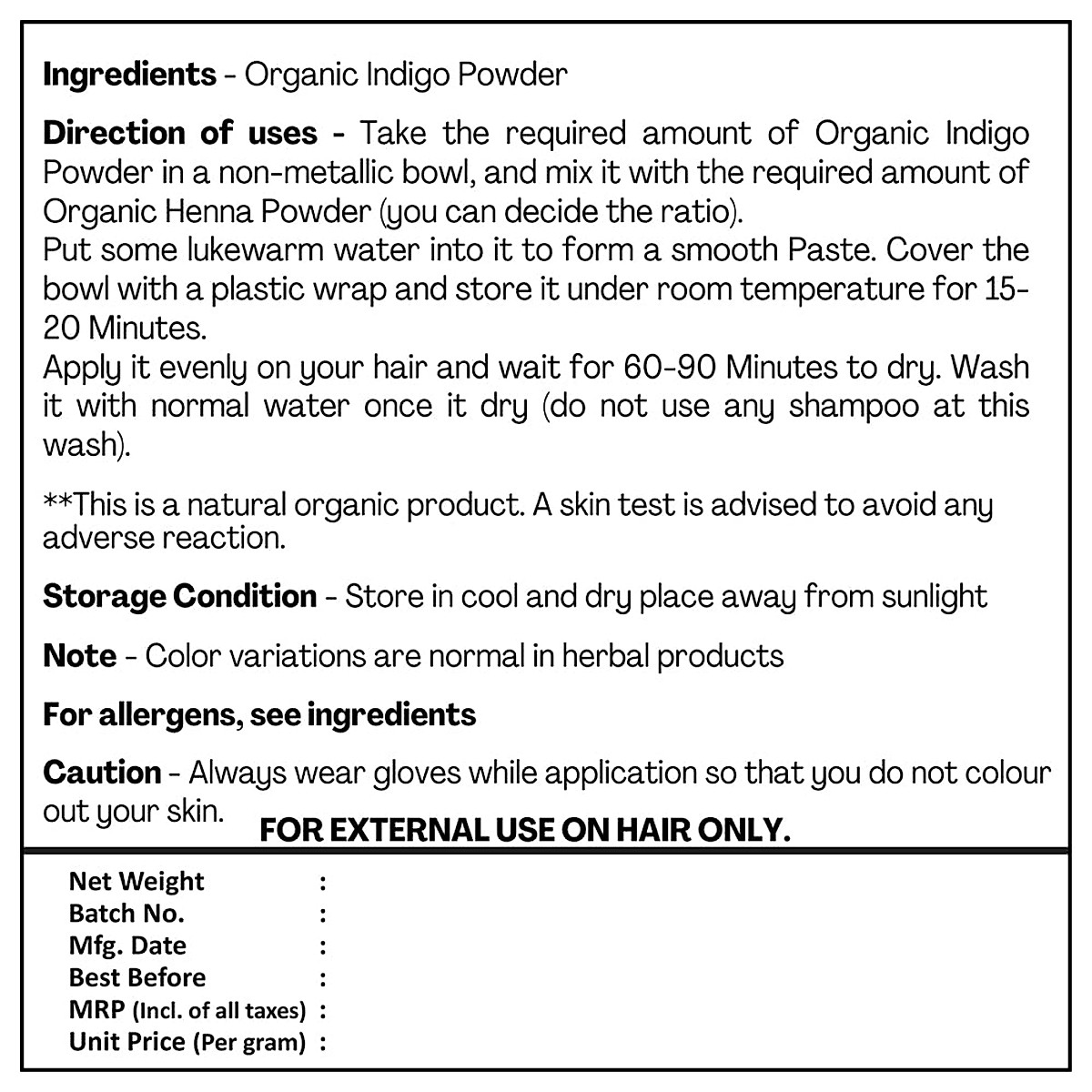 Just Jaivik 100% Organic Indigo Powder - 227 gms / 1/2 LB Pound / 08 Oz - Indigofera Tinctoria- A 100% Organic Hair Dye - Color your hair dark brown to black with Henna