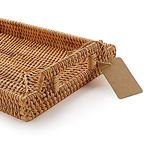 Hand-Woven Rattan Rectangular Serving Tray with Handles for Breakfast, Drinks, Snack for Coffee Table (14.5x10.2x1.4inches)