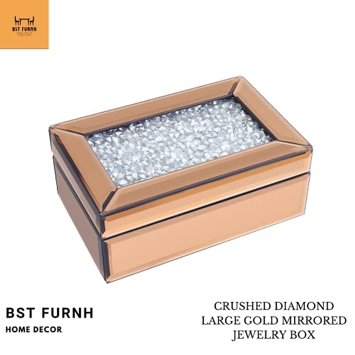 BST FURNH Luxurious Crushed Diamond Large Gold Mirrored Jewelry Box Silver Glass Jewelry Organizer Storage High-end Luxury Big Mirror Box Jewelry Decorative Box
