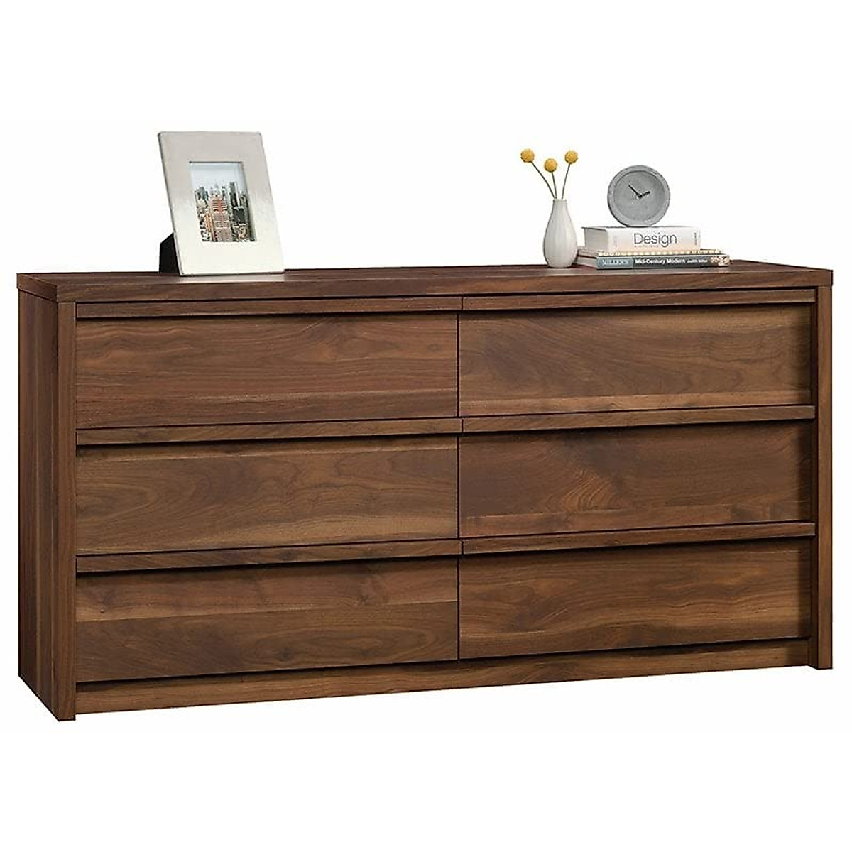 Sauder Harvey Park Dresser, L: 60.71" x W: 17.48" x H: 31.06", Grand Walnut Finish & Harvey Park Narrow Bookcase, Grand Walnut Finish