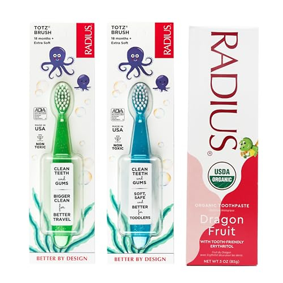 RADIUS Toddler Toothbrush and Toothpaste Bundle for Kids, 2 Pack Totz Extra Soft Brush in Blue and Green Sparkle and 1 Count Dragon Fruit Toothpaste, for Children 18 Months and Up