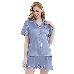 NANJUN Womens Silk Satin Pajamas Short Sleeve Sleepwear Bride Soft Button Down Loungewear 2 Piece Pjs Set XS-3XL(Y2K-Blue, M)