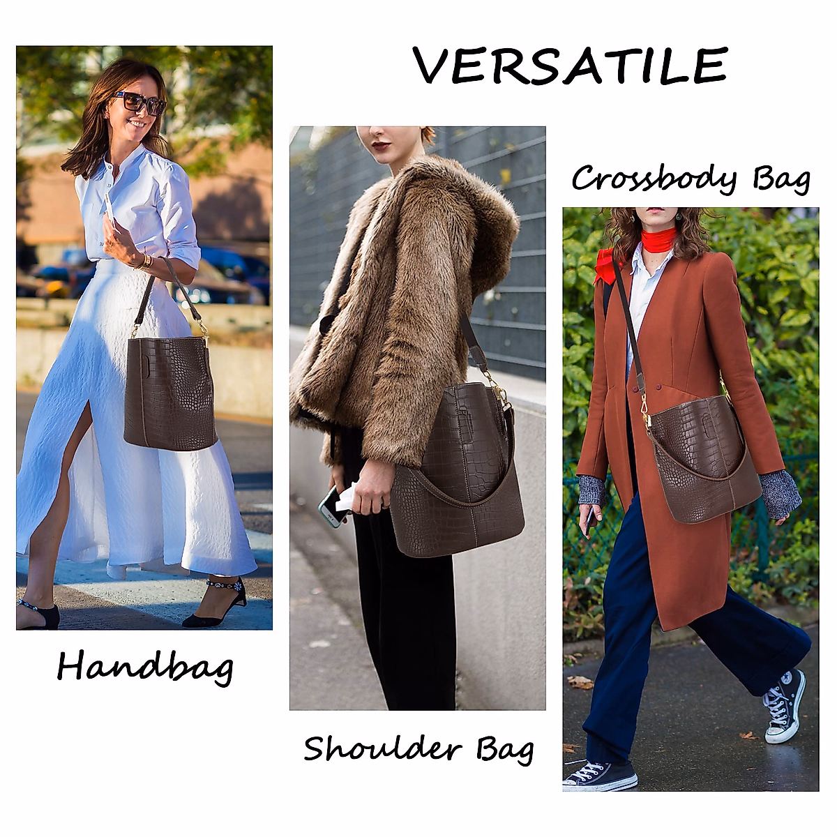 Hirooms Women retro design shoulder bag crocodile leather large capacity bucket handbag (Brown)