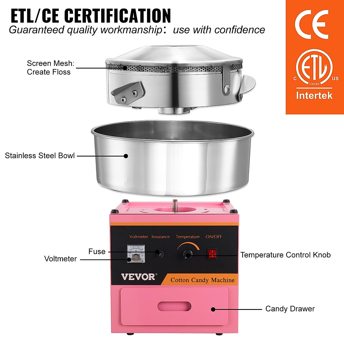 VEVOR Commercial Cotton Candy Machine, Electric Floss Maker with Stainless Steel Bowl, Sugar Scoop and Large Storage Drawer, for Home Party Carnival, Pink