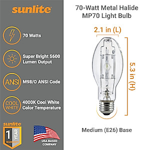 Sunlite MP70/U/MED/PS 03641-SU 70-watt Protected Metal Halide Bulb, Medium Base, Clear