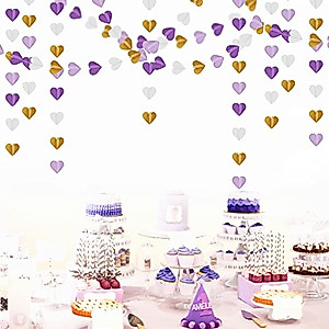 Purple-Gold Party-Decorations 3D Heart Garland - 39Ft White Purple Lavender Graduation Hanging Paper Streamers Banner, Valentines Day Women Birthday Wedding Engagement Baby Bridal Shower Decor Ouruola