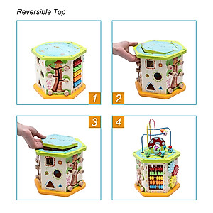 LAVIEVERT 9-in-1 Wooden Play Cube Activity Center Multifunctional Bead Maze Shape Sorter Educational Toys Game for Toddlers & Kids