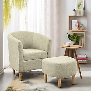 DAZONE Accent Chair Set of 2 Mid Century Modern Chair with Ottoman Comfy Armchair Footrest Set Comfortable Living Room Chairs Upholstered Barrel Club Tub Sofa Chair for Bedroom Reading Room Beige