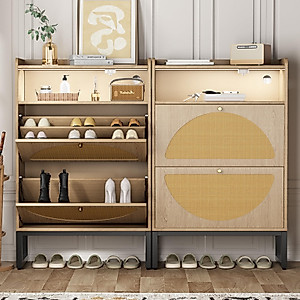 FiveWillowise Shoe Storage Cabinet, Shoe Cabinet with 2 Flip Drawers & Sensor Light, Entryway Slim Shoe Cabinet with Metal Frame, Hidden Shoe Qrganizer for Entrance/Hallway, Natural