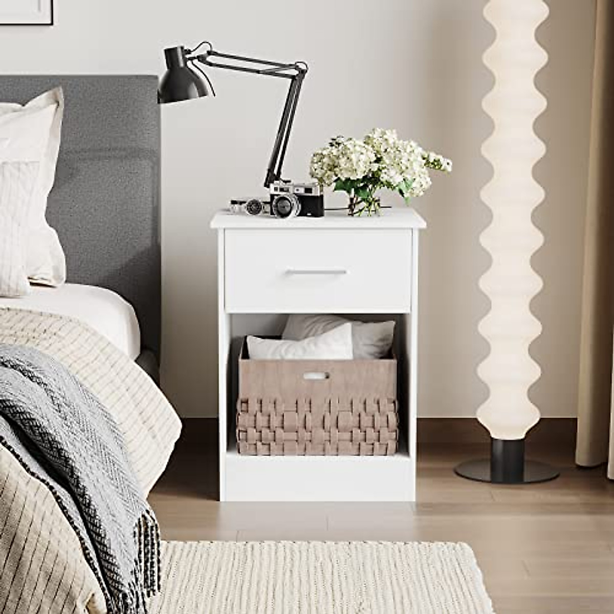 Reettic Wooden Nightstand Set of 2, End Table with Sliding Drawer and Opening Shelf, Sofa Side Table for Bedroom, White RCTG101W02