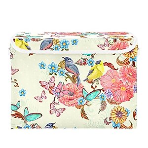 innewgogo Flowers Birds Butterflies Storage Bins with Lids for Organizing Foldable Storage Box With Lid with Handles Oxford Cloth Storage Cube Box for Car