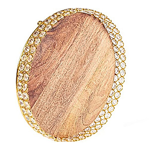 Wooden Round Serving Tray for Living Room,Decorative Coffee Table Tray,Round Wood Tray for Ottoman or Side Table, Charcuterie Board or Cheese Platter, Wooden Metal Tray 12" Dia with Golden Natural