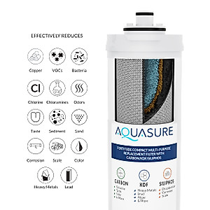 Aquasure Fortitude Compact 10K Gallons Under Sink Multi-Purpose Replacement Filter with Carbon/KDF/Siliphos Anti-Rust Media, Reduces Chlorine, Chemicals, Scale, Bad Taste & Odor for AS-FC50-CKS