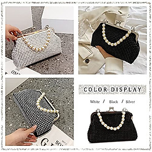 SUKUTU Women Luxury Full Rhinestone Shoulder Bag Noble Kiss Lock Crystal Messenger Bag Clutch Handbag with Pearl Beaded Chain