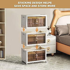 SYNCVIBE Stackable Storage Bins With Lids and Double Doors 3 Pack Plastic Storage Box Collapsible Organizer with Wheels Large Folding Storage Containers for Home Organization (3-pack, 8.4 Gal-white)