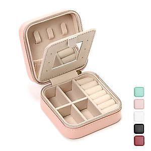 TRODANCE Jewelry Travel Case with Mirror,Small Travel Jewelry Organizer, Portable Jewelry Box Travel Mini Storage Organizer Portable Display Storage Box For Rings Earrings Necklaces (Pink)