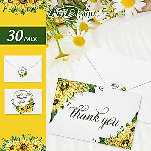 AnyDesign Sunflower Thank You Cards Bulk 30 Pack Thank You Notes with Matching Seal Stickers White Envelopes Floral Greeting Cards for Wedding Baby Shower Bridal Birthday Party, 4 x 6 Inch