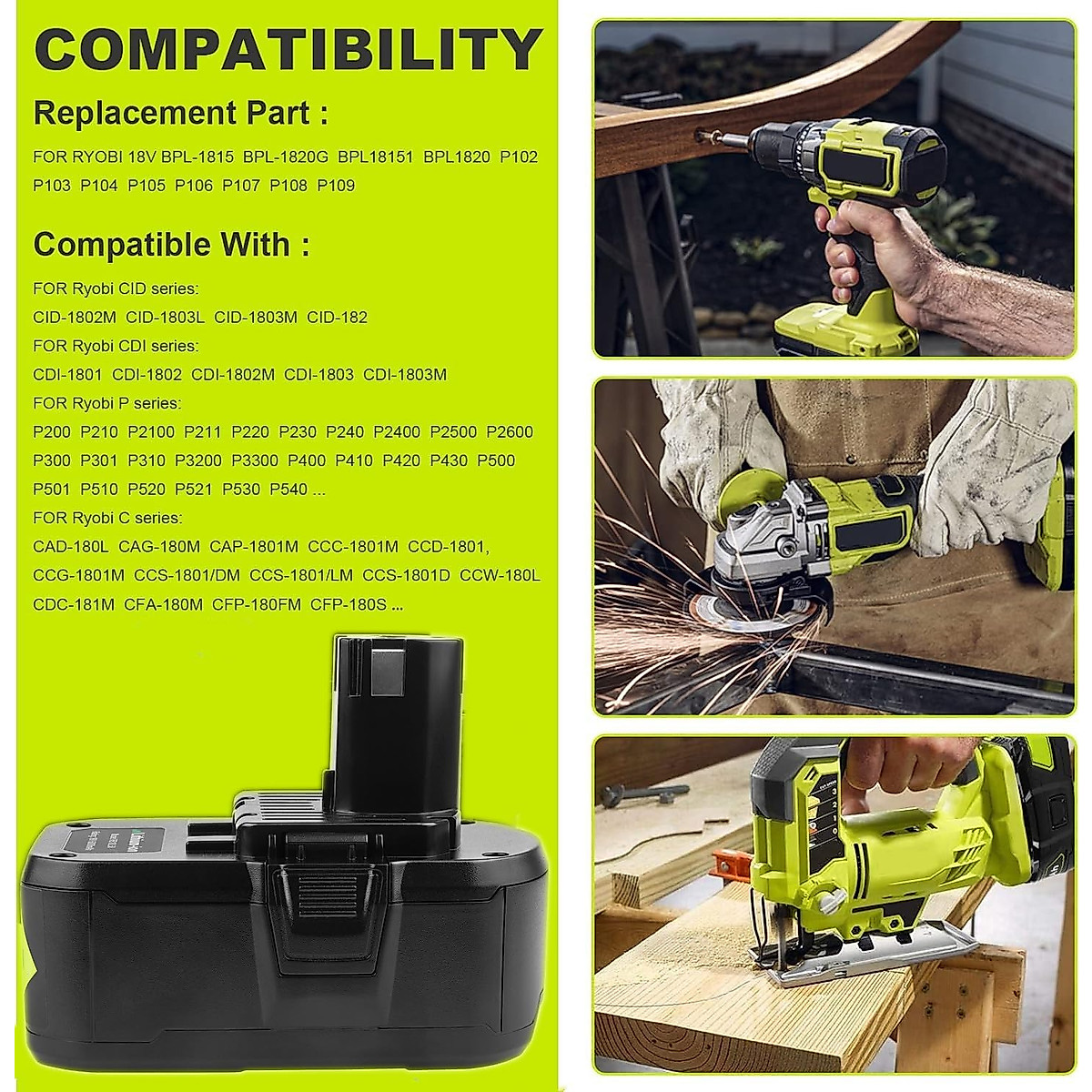 ARyee 2Pack 6000Ah 18V P108 P109 Replacement Battery for Ryobi 18V Cordless Power Tools Lithium-Ion Battery for Ryobi One+ P104 P105 P102 P103 P107