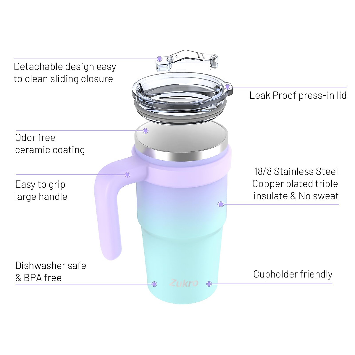 Zukro 20 oz Insulated Tumbler With Handle, Ceramic Interior Coating, No Metallic Aftertaste, Vacuum Stainless Steel Travel Coffee Cup with Lid and Straw, BPA Free, No Sweat, Floral Pink