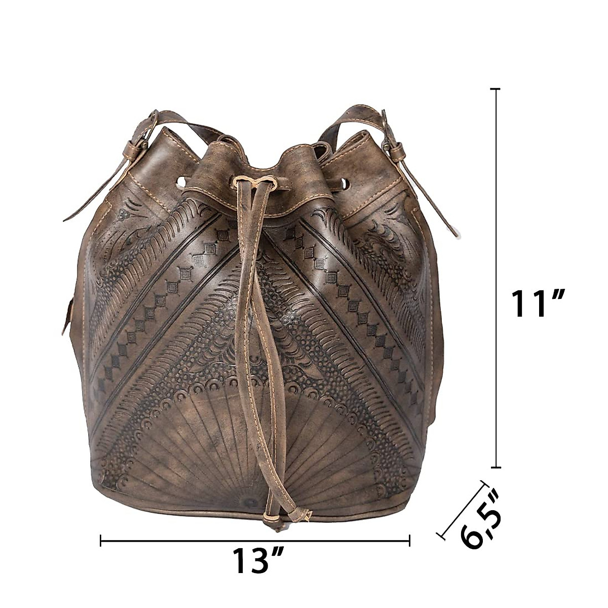 Womens Drawstring Bucket Bag, Genuine Leather Crossbody Bag, Hand tooled, Dark Brown, Handmade Leather Purse
