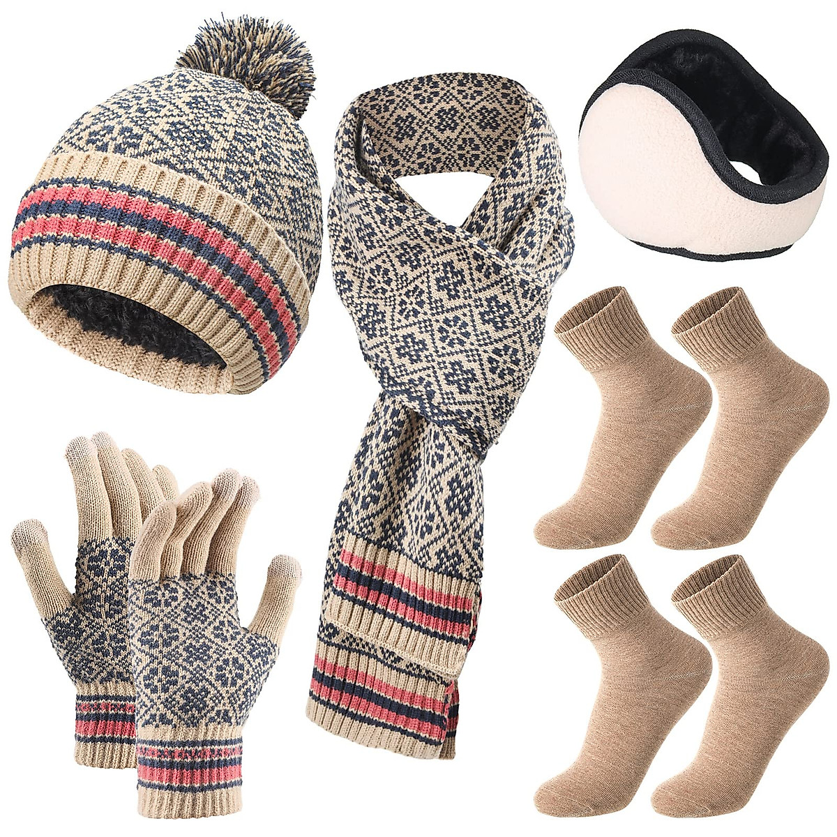 5 in 1 Women Soft Warm Thick Cable Knitted Beanie Hat Scarf Gloves Socks Earmuff Set Thickened Lining Cap Touchscreen Gloves (Beige, Khaki)